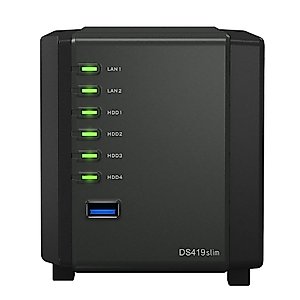Synology DiskStation DS419slim Compact Desktop NAS Server, Marvell Armada 385 88F6820, 512MB DDR3 SDRAM, 16TB SATA HDDs, DSM Software