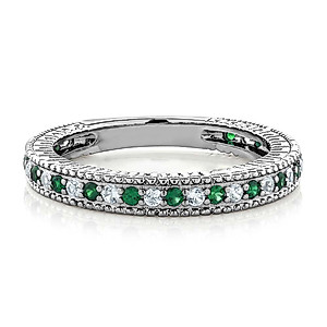Gem Stone King 925 Sterling Silver Green Simulated Emerald and White Created Sapphire Ring | Anniversary Wedding Band Ring For Women | 0.48 Cttw | Available In Size 5, 6, 7, 8, 9