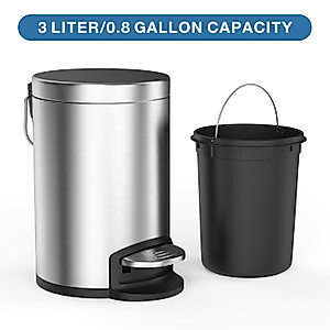H+LUX Small Trash Can with Lid for Bathroom,Bedroom,Office,Mini Garbage can with Foot Pedal for Small Space, Anti-Fingerprint Brushed Stainless Steel Garbage Can, 0.8Gal/3L