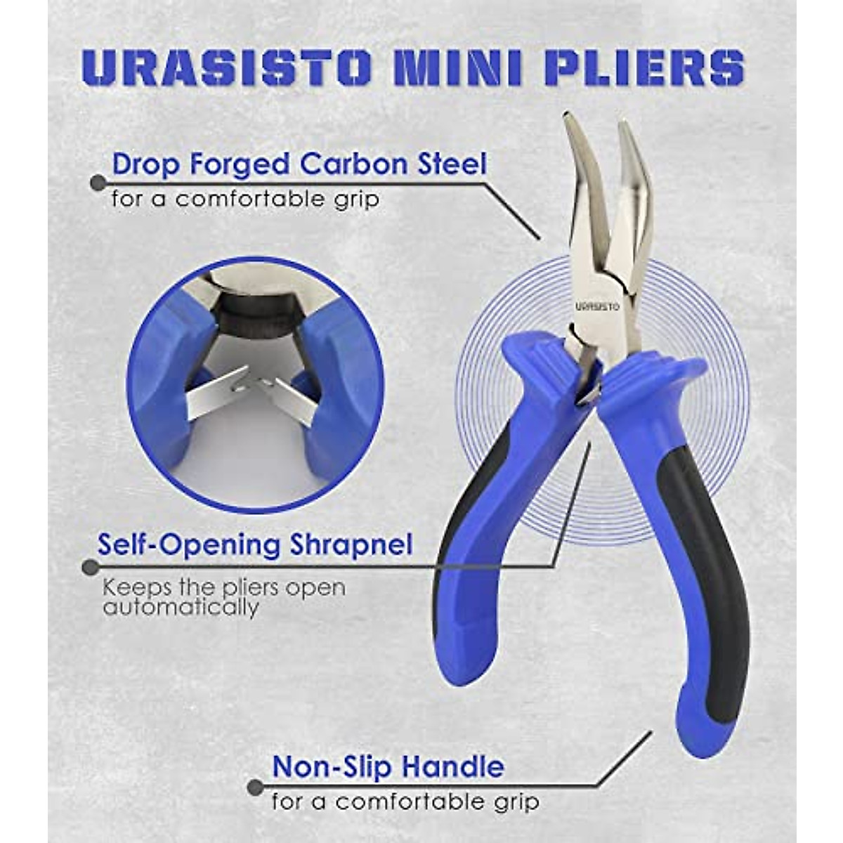  URASISTO 6 pcs Mini Pliers Set  - Long, Bent, Needle Nose, Diagonal, End Cut, Combination - Spring Loaded Handle, 5 Inch - Mechanic, Craftsman Basic Tool Kit - Roll Up Carry Bag Included