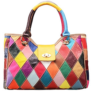 HESHE Genuine Leather Handbags Colorful Purses for Women Crossbody Bag Multi-color Tote Purse Designer Hobo Shoulder Bag(Colorful-2B4008)