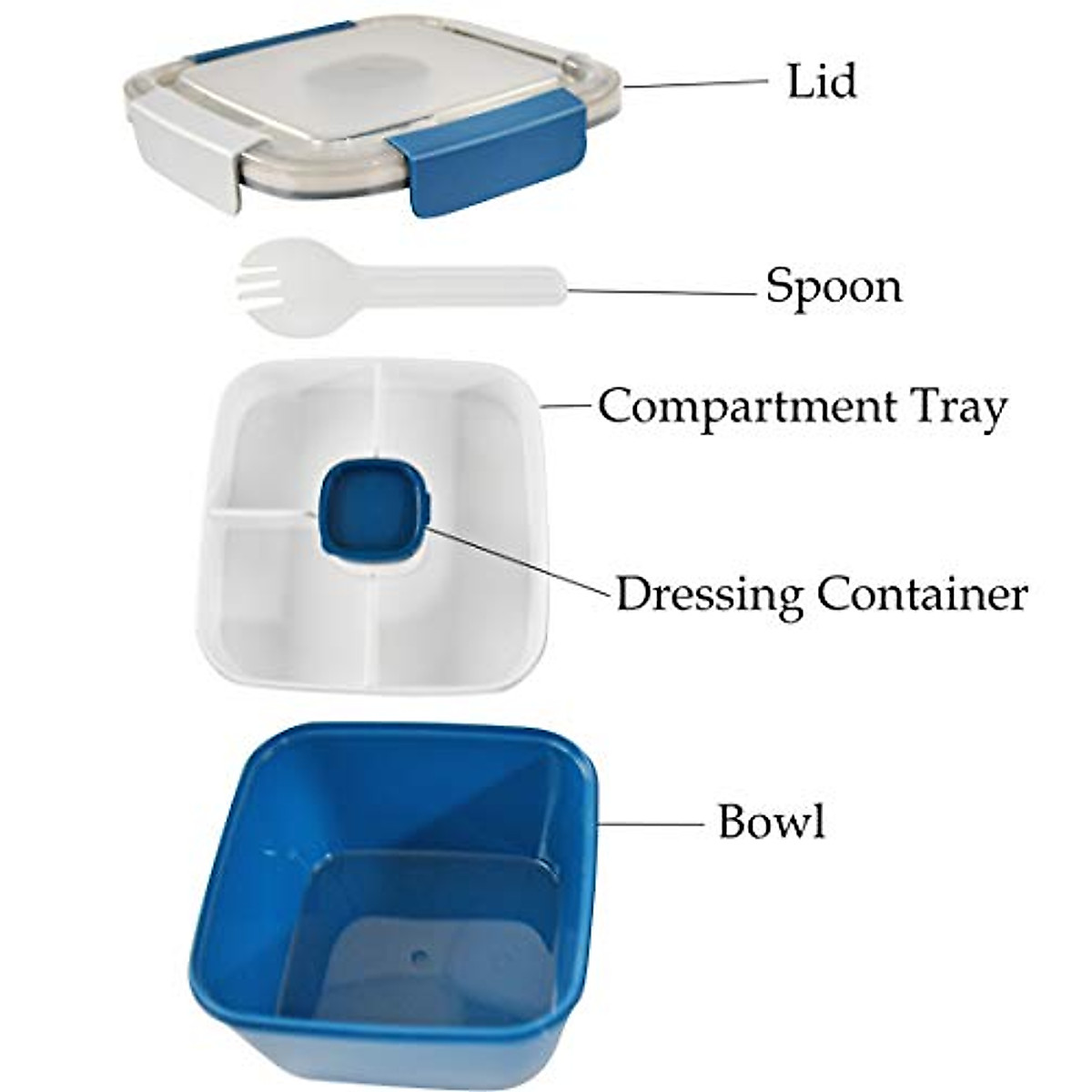 Home-X Section Lunch Box, Lunch Containers for Kids and Adults, Multi-Compartment Food Box, Salad Dressing Container, Spork, 6 ¾" L x 6 ¾" W x 4 ¾" H, Blue