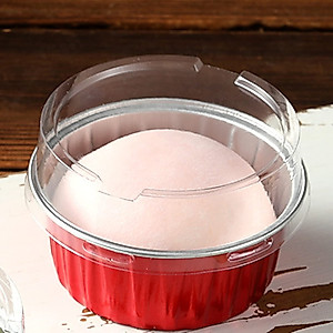 DEAYOU 100 Pack Aluminum Foil Ramekins with Lids, 5oz Muffin Cupcake Baking Liners Cups, 3" Round Disposable Recyclable Tart Pie Tin Pan Holder for Pudding, Party, Wedding, Oven Freezer Safe, Red