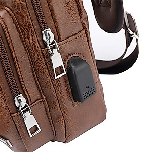 JUMO CYLY Mens Sling Bag, Leather Sling Bag with USB Charging Port Waterproof HikingTravel Body Chest Crossbody Bag Casual Daypack Backpack