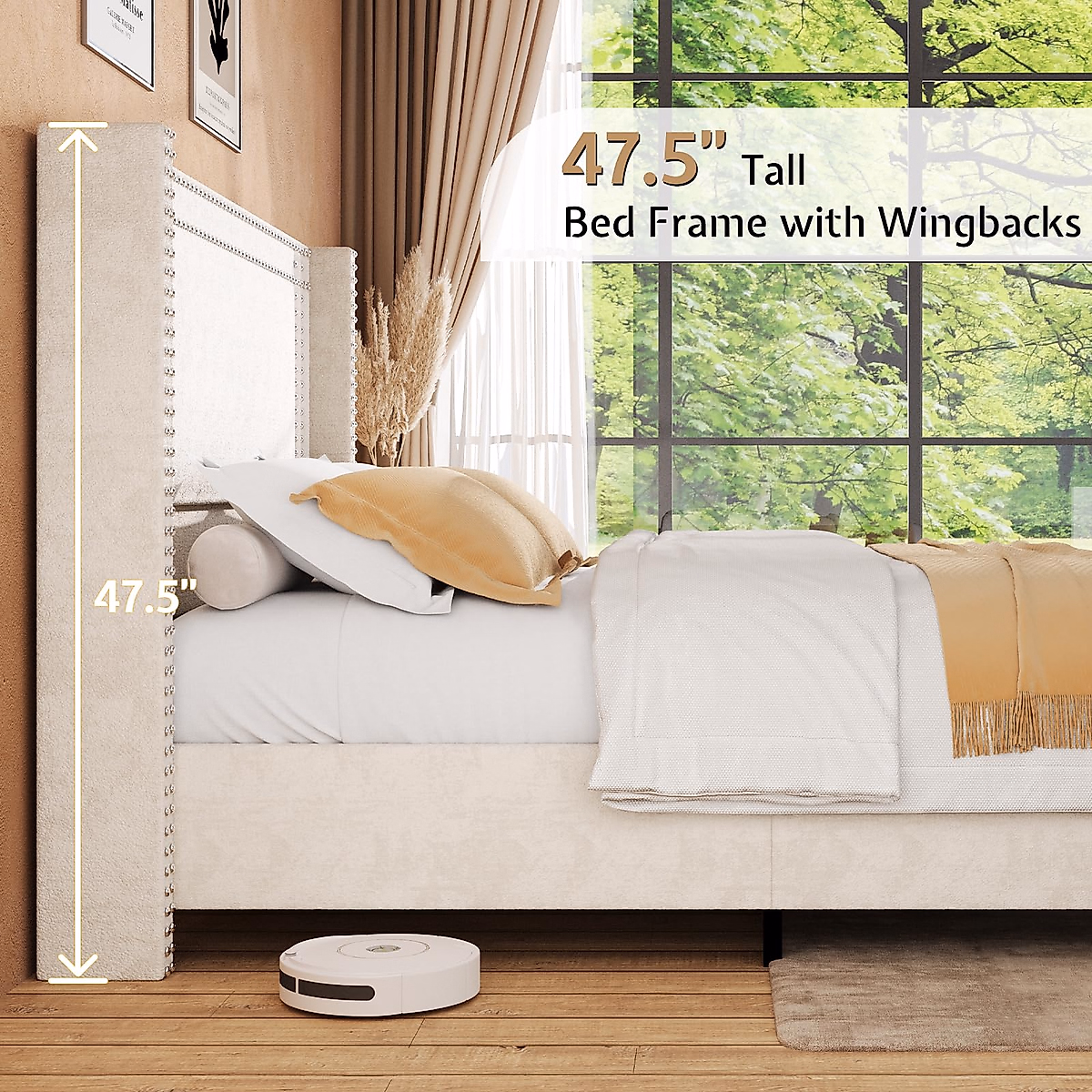 Jocisland Queen Size Bed Frame, Chenille Upholstered Platform Bed with Wingback Headboard & Footboard, Nailhead Trim, No Box Spring Needed, Cream