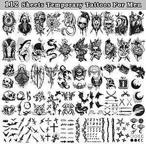 Cerlaza 112 Sheets Custom Temporary Tattoos for Men, Temporary Tattoos Adult Small Fake Tattoos for Neck Arm Finger, Tatuajes Temporales Men Tiger Wolf Lion Dragon Tattoo Stickers