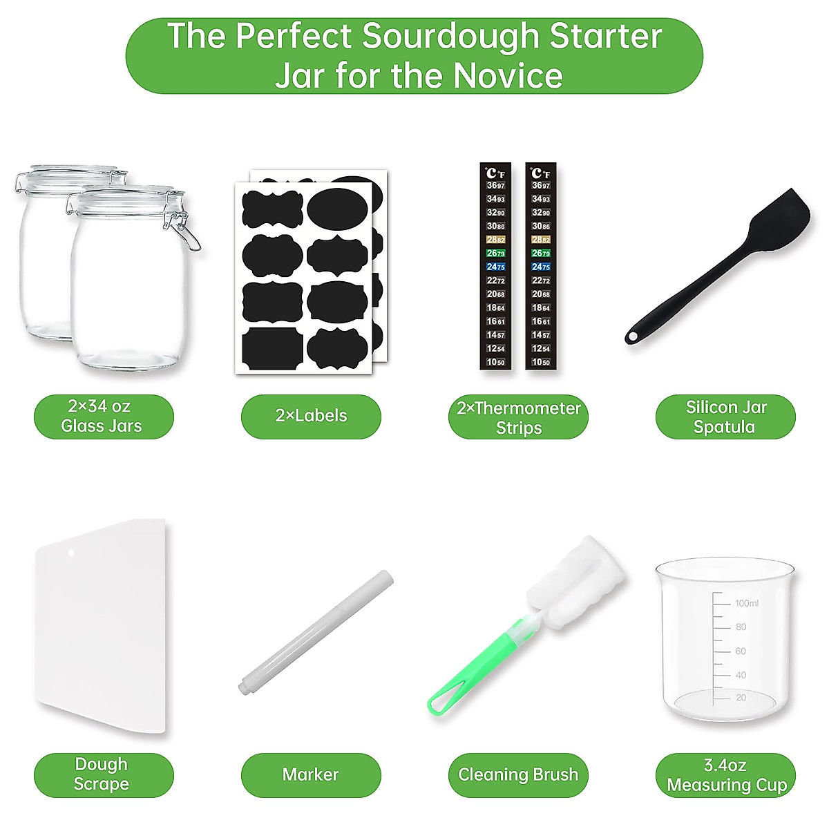 Sourdough Starter Jar Kit 2 Pack, 34 oz. Wide Mouth Sourdough Starter Kit for Sourdough Bread Baking Supplies, Reusable Glass Jars for Sour dough Starter with Thermometer, Silicone Jar Spatula, Labels