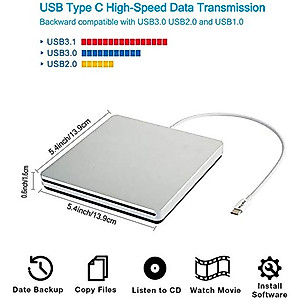 Aouan External CD DVD Drive Burner/Portable/Slim/Reader/Type-c/USB-C Drive(Equipped with USB 3.0 Adapter) for MacBook Pro/PC/Mac/Laptop/Air Windows7/ Windows8 /Windows10 (Sliver)