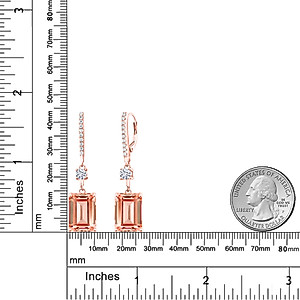 18K Rose Gold Plated Silver Emerald Cut Peach Nano Morganite and Forever Classic Moissanite by Charles & Colvard Dangle Earrings For Women | 13.36 Cttw | Emerald Cut 14X10MM