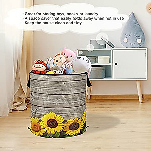 xigua Sunflower Wood Popup Laundry Hamper with Zipper Lid, Foldable Pop-up Hamper Dirty Clothes Basket with Handles for College Dorm, Apartment, Laundromat