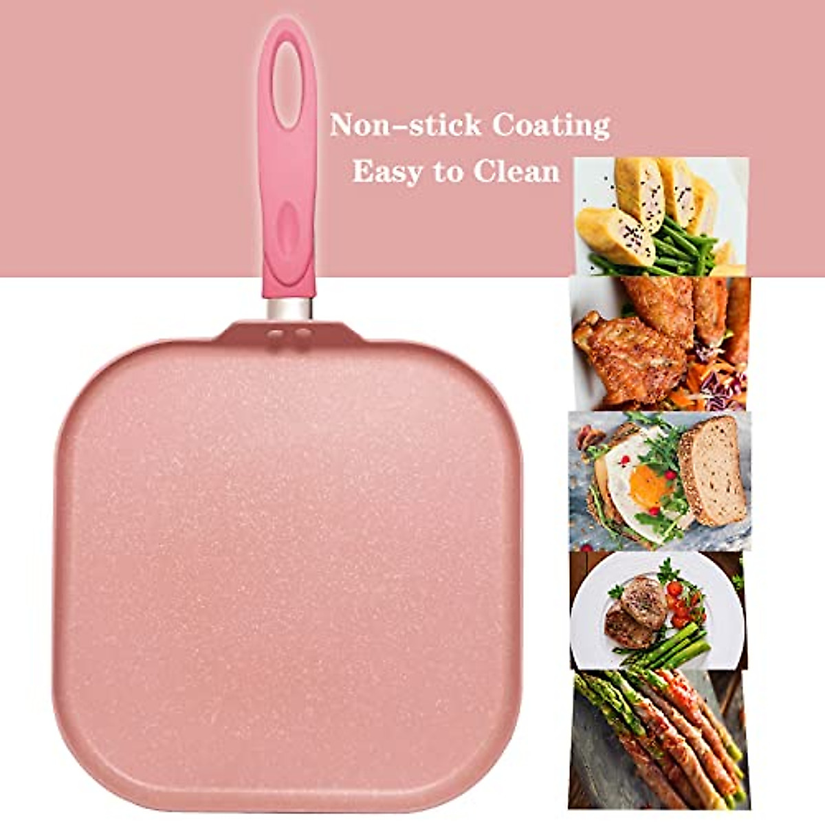 DXBVIEX Square Griddle Pan for Stove Top Nonstick, Flat Pan with Spatula & Brush, 11"X 11"(Pink)