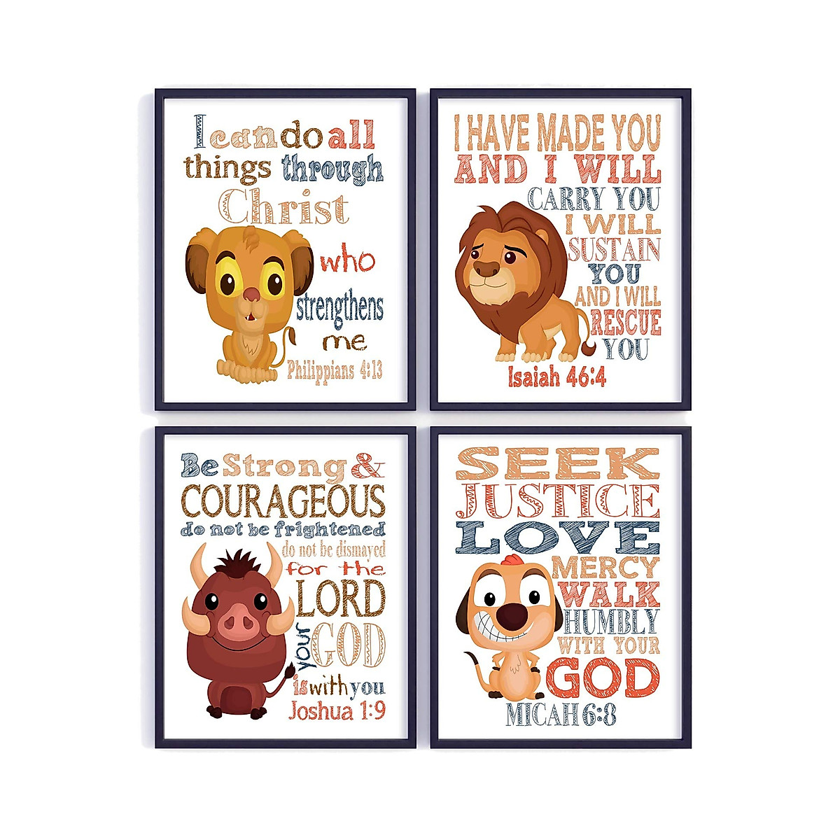 Lion King Christian Nursery Decor Set of 4 Unframed Prints - Mufasa, Pumba, Simba and Timon with Bible Verses