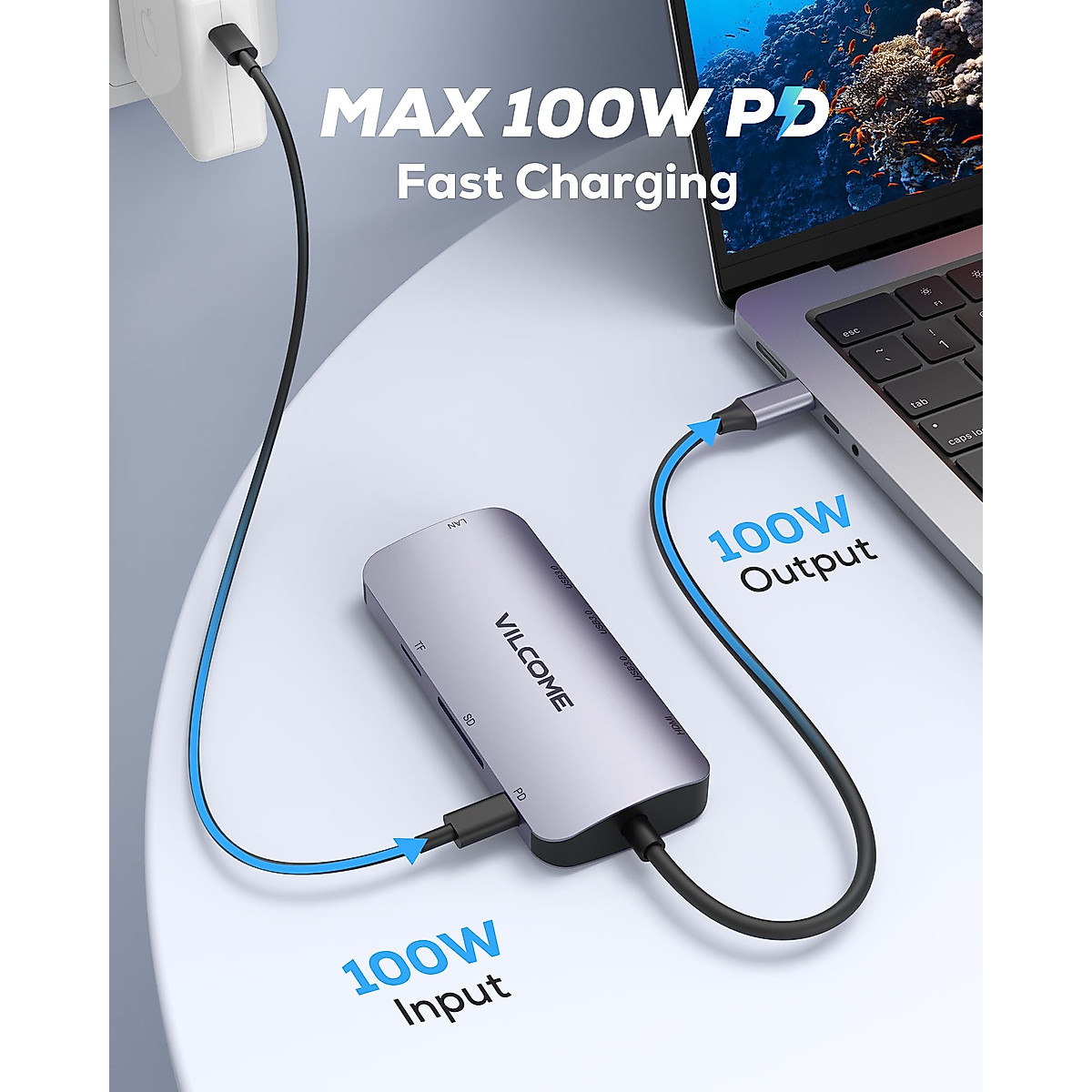 USB C Hub Multiport Adapter, Vilcome 8 in 1 USB C Hub with Gigabit Ethernet, 4K HDMI, 100W PD Charging, USB 3.0 5Gbps Data Ports, SD/TF Card Reader, for MacBook Pro/Air HP Dell Laptop