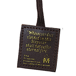 Brown Stamped Leather Scapulars Catholic Necklace for Men and Women, Scapular with Our Lady of Mt Carmel on the Front and Her Promise of Salvation, 21 Inches