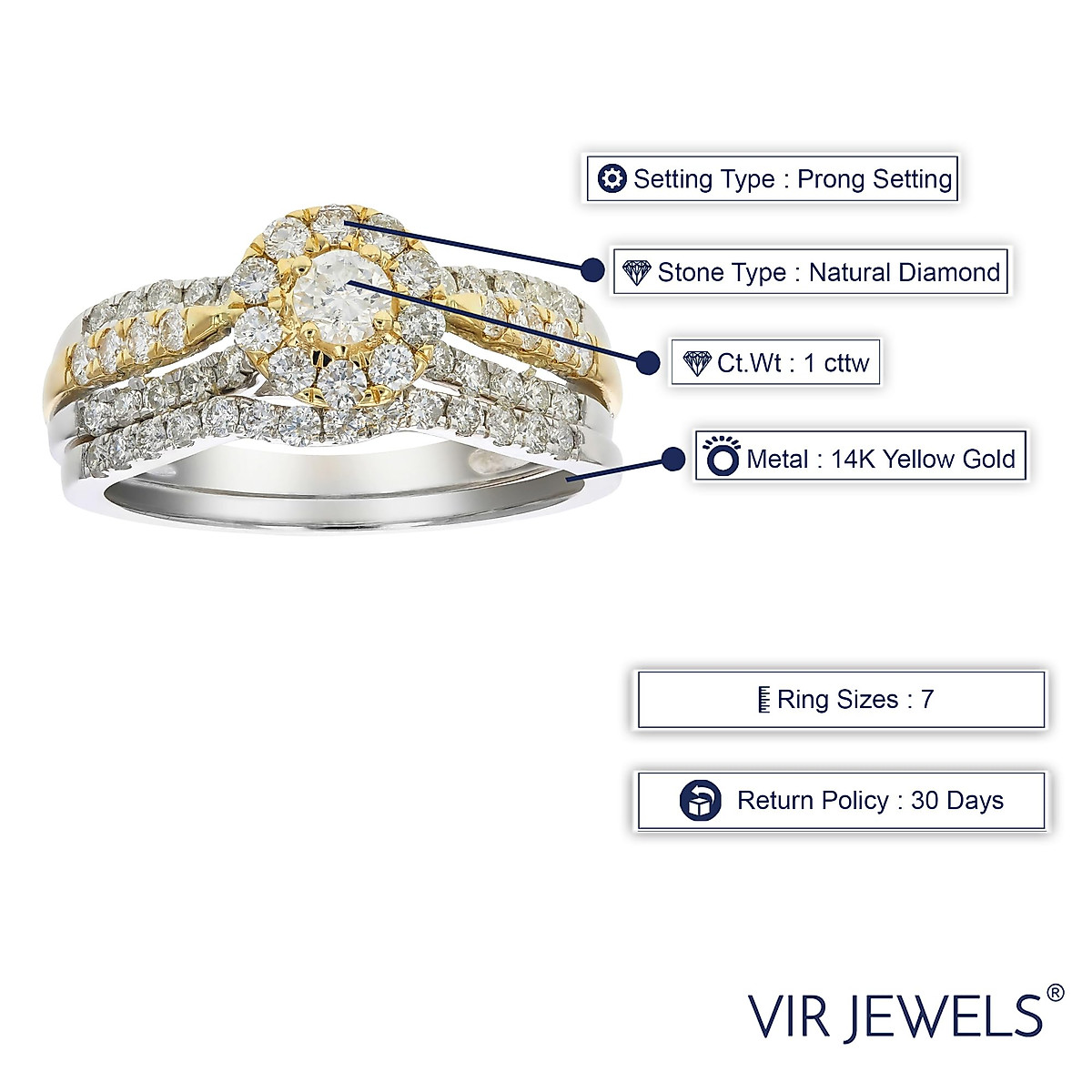 Vir Jewels 1 cttw Diamond Wedding Engagement Ring Set 14K Yellow Gold Bridal Size 7