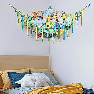 Basumee Stuffed Animals Net or Hammock Toy Storage Organizer Toy Hammock Hanging Stuffed Animals Storage Holder with Tassels for Nursery Kids Bedroom Room Wall Décor, Yellow-Green
