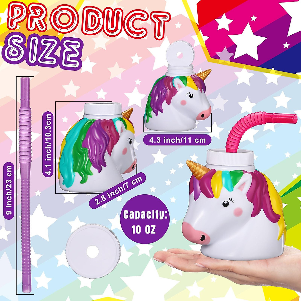 Mifoci Unicorn Birthday Party Favor Gift Supplies Unicorn Cups with Straws,10 oz Plastic Unicorn Shape Cup Reusable for Girls Birthday Baby Shower Unicorn Theme Party Supplies(Bright Color, 24 Set)