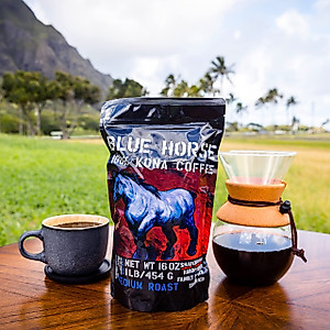Farm-fresh: 100% Kona Coffee - Medium Roast - Arabica Whole Beans - 1 Lb or 16 oz Bag - Blue Horse 100% Kona Coffee from Hawaii