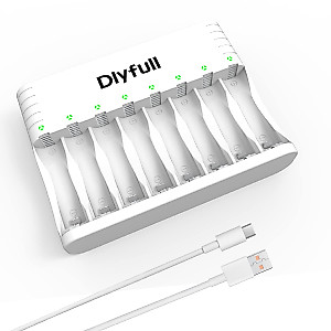 Dlyfull 8 Bay AA AAA Battery Charger with Type-C High-Speed Charging, Independent Slot for Ni-MH Ni-CD Rechargeable Batteries, Cable Included