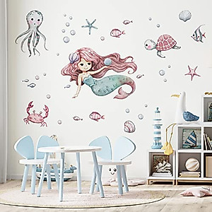 Mfault Mermaid Under The Sea Wall Decals Stickers, Baby Girls Ocean Creatures Nursery Decoration Bedroom Playroom Art, Octopus Turtles Crab Shell Bubble Fish Kids Room Bathroom Home Decor