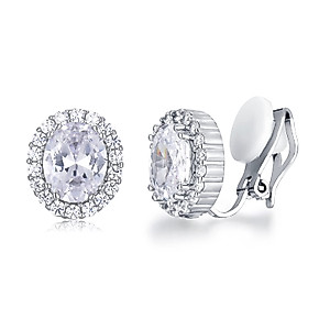 SELOVO Clear White Zircon Crystal Non Pierced Clip on Earrings Stud Silver Tone
