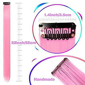 12 PCS Pink Hair Extensions Clip in, Colored Party Highlights Extension for Kids Girls Synthetic Hairpiece Straight 22 inch