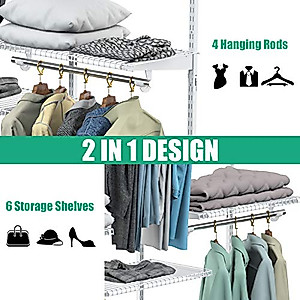 Tangkula 4 to 6 FT Custom Closet System, Wall Mounted Closet with Hanging Rod, Metal Hanging Storage Organizer Rack Wardrobe with Shelves, Adjustable Closet System Kit for Bedroom