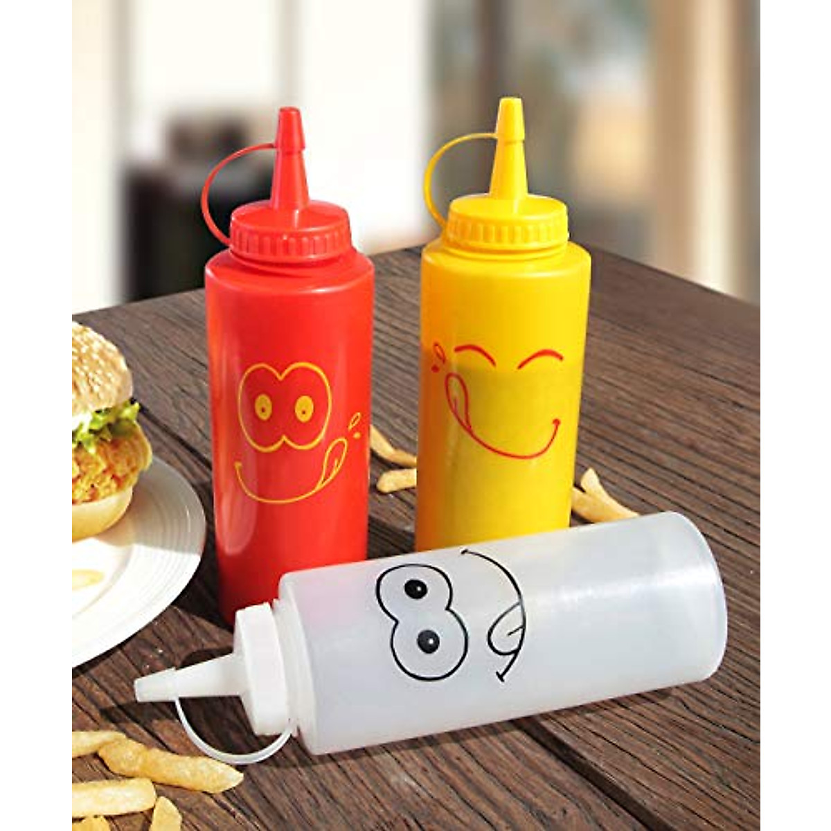 New Star Foodservice 533906 Smiley Faces Squeeze Bottle Set, Plastic, Red, Yellow, and Clear, 12 oz