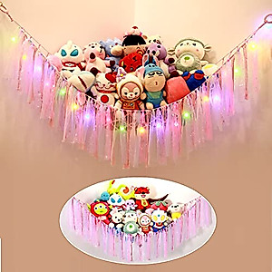 Stuffed Animal Net or Hammock with LED Light, Toy Hammock Hanging Stuffed Animal Storage Organizer Holder for Nursery Playroom Bedroom Kids Room Toy Storage (Pink)