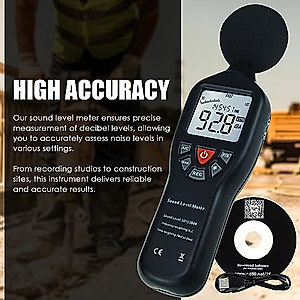 Decibel Meter, Sound Level Meter CD Software Audio Decibel Noise Measure Tester 30 – 130 dB Audio Noise Measuring Range with Backlit LCD Display, Data Record Function
