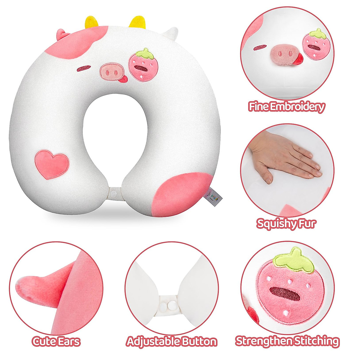 Mewaii Kids Travel Pillow, Cute Strawberry Cow Stuffed Animal Neck Pillow for Kids & Adults, Reversible Plush Squishy 2-in-1 Travel Plush Pillow for Airplane, Car, Train