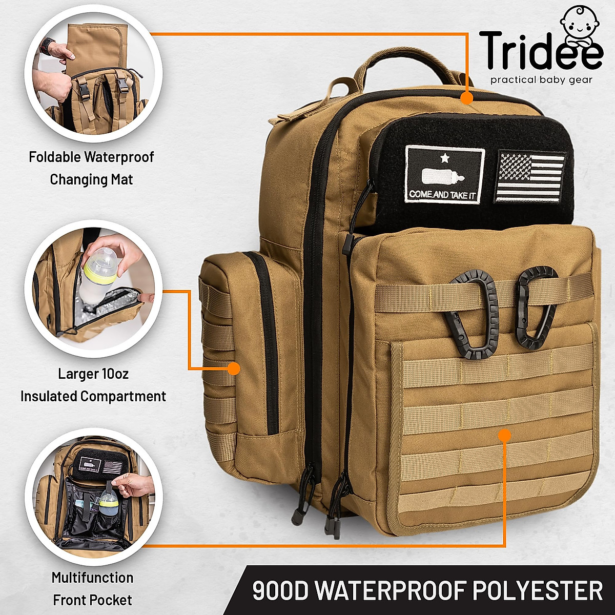 Tan Dad Diaper Bag - Molle-Style Military Diaper Backpack Made of Rugged 900D Waterproof Polyester with Wider Extra-Long Straps, Pouch for Dirty Diapers, Baby Wipes Dispenser & Insulated Pockets
