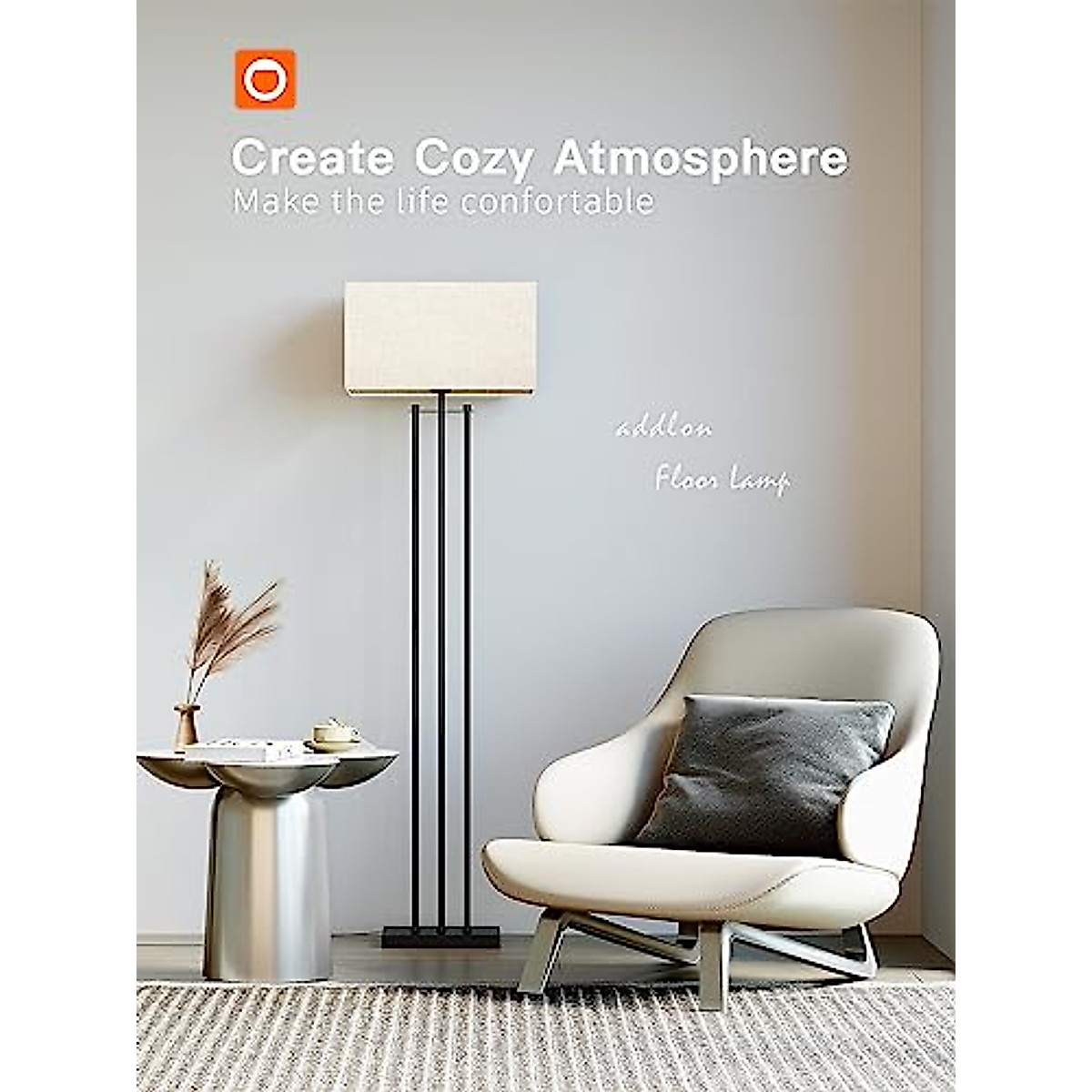 addlon Floor lamp for Living Room, Modern Standing lamp with Linen Shade, Decorative Simple Design Floor Lamps for Bedroom and Office - Black