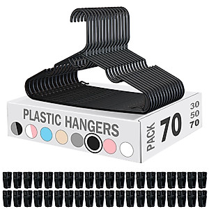 70 Plastic Hangers with Clips Stackable Hangers Nonslip Clothes Hangers Pants Hangers Space Saving Adults Suit Hangers with Clips Short Hanger Black Hangers with 40 Additional Hanger Clips