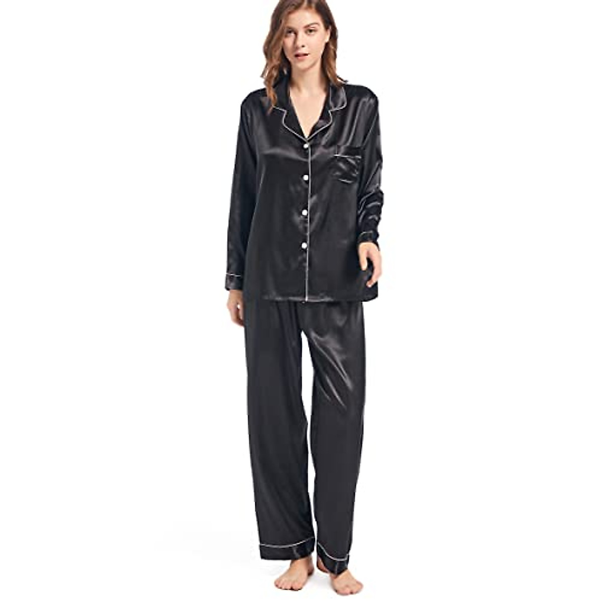 Fivali Womens Silk Satin Pajamas Long Sleeve Pj Set Two-piece Sleepwear Silky Button-down Nightwear Soft Loungewear Sets, XXL Black