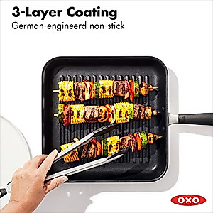 OXO Good Grips 11” Square Grill Pan, 3-Layered German Engineered Nonstick Coating, Stainless Steel Handle with Nonslip Silicone, Black