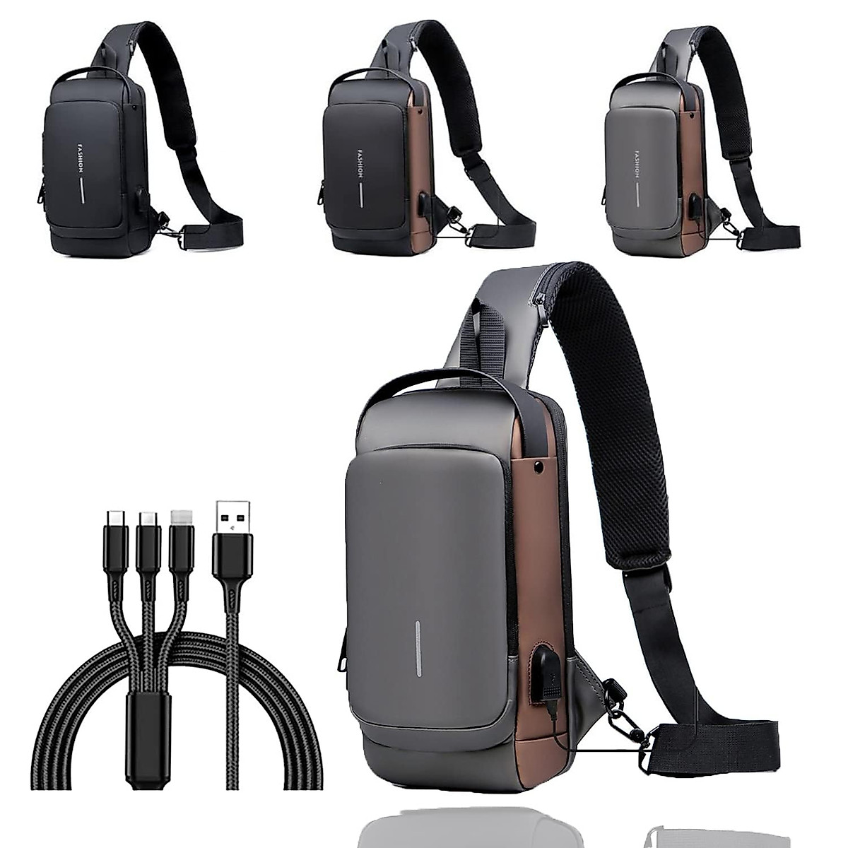 Anti Theft Sling Bag, USB Charge Sport Crossbody Anti-Theft Shoulder Backpack, Anti-Theft Sling Chest Bag (Ash-gold)
