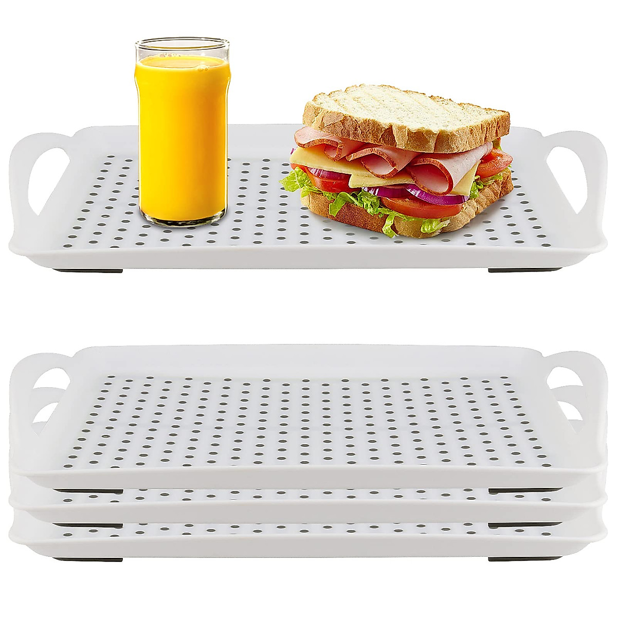 HOIGON 4 Pack 16.5 x 11.4 x 1.6 Inch Anti-Slip Food Serving Tray with Handles, Rectangular Plastic Serving Trays Cafeteria Trays Dinner Trays for Eating On Couch, Bed