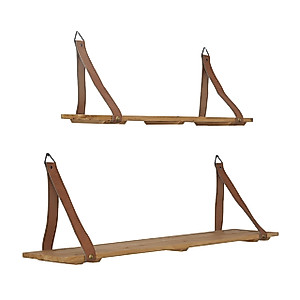 CosmoLiving by Cosmopolitan Wood 2 Shelves Wall Shelf with Faux Leather Straps, Set of 2 24", 32"W, Brown