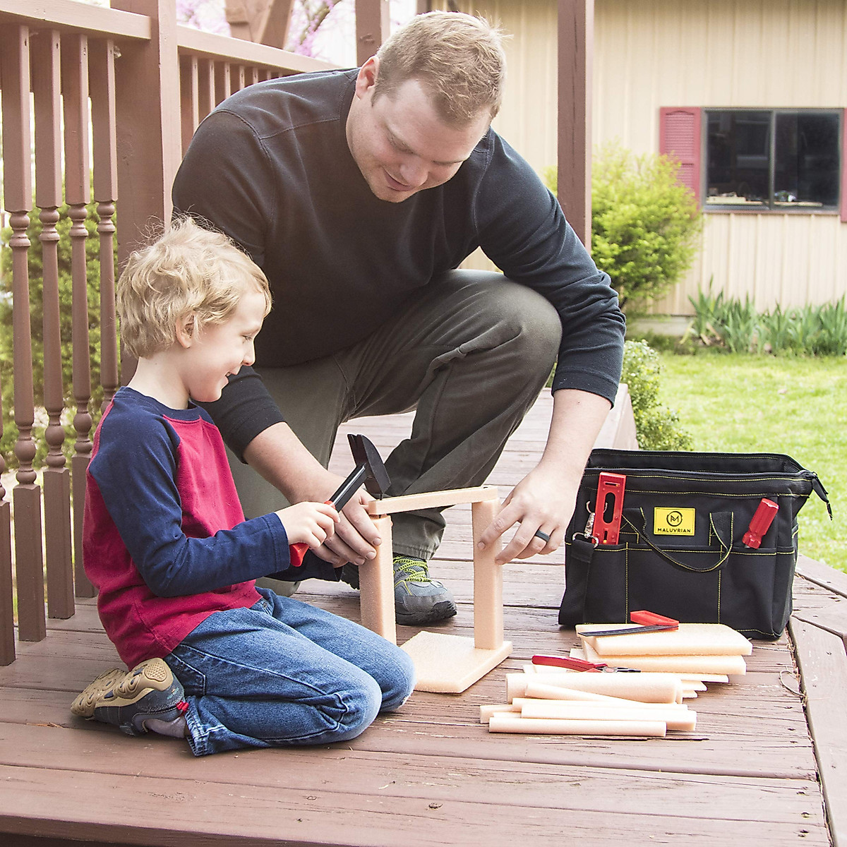 MALUVRIAN Educational Toys Building Toys - Plastic Tools - Kid Toys STEM Toys for Boys and Girls - Real Tool Bag Construction Toys Arts and Crafts Foam Wood Pretend Play Creative Toys Kids Tool Set