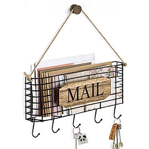 SRIWATANA Mail Holder, Rustic Mail Organizer Wall Mount Hanging Mail Sorter Letter Basket with 5 Key Holder for Wall, Large, Carbonized Black