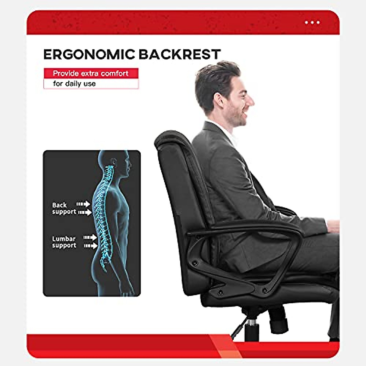 Home Office Chair Ergonomic Desk Chair PU Leather Task Chair Executive Rolling Swivel Mid Back Computer Chair with Lumbar Support Armrest Adjustable Chair for Men (Black)