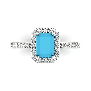 Clara Pucci 2.07 ct Emerald Cut Solitaire Halo Genuine Simulated Turquoise Engagement Promise Anniversary Bridal Ring 18K White Gold 10.5