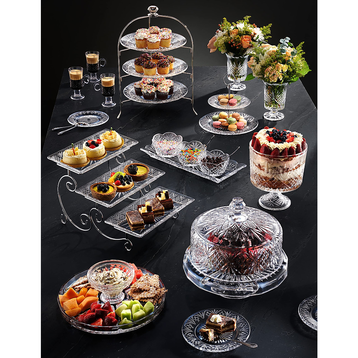 Godinger Serving Hostess Set - Butter Dish, Sugar and Creamer, Packet Holder, Cracker Tray - 5 Piece Set, Dublin Collection