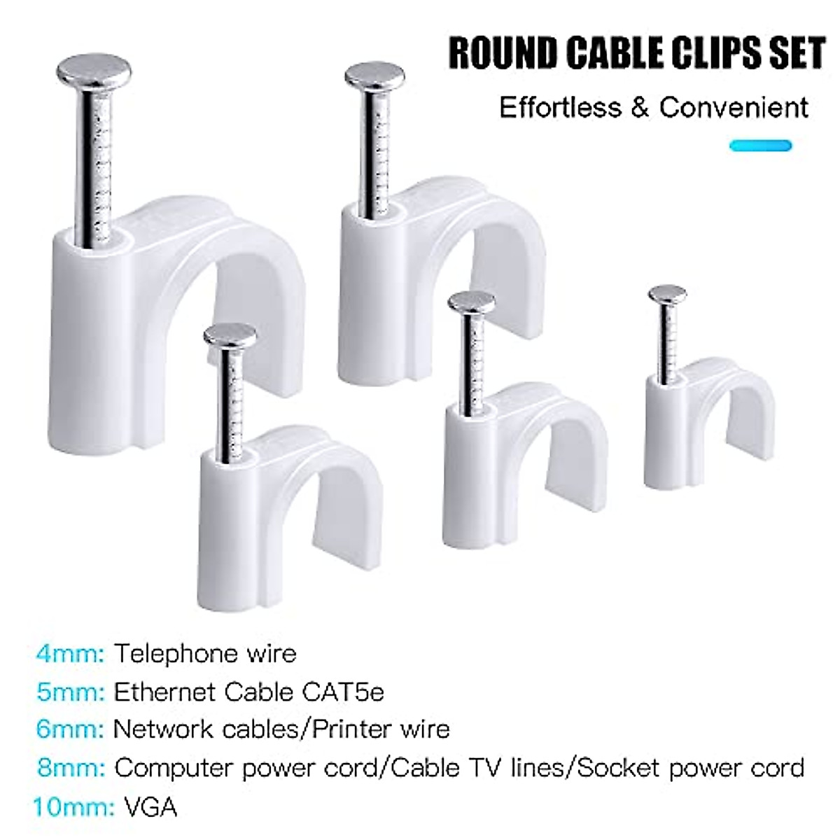 AGPTEK 500pcs Cable Clips with Steel Nails 4mm 5mm 6mm 8mm 10mm Cable Management for RG6, RG59, CAT6, RJ45 Cable Coax Cable, Ethernet Cable, TV Wire Cable, Telephone Cable, Led Starlight, Print Cable