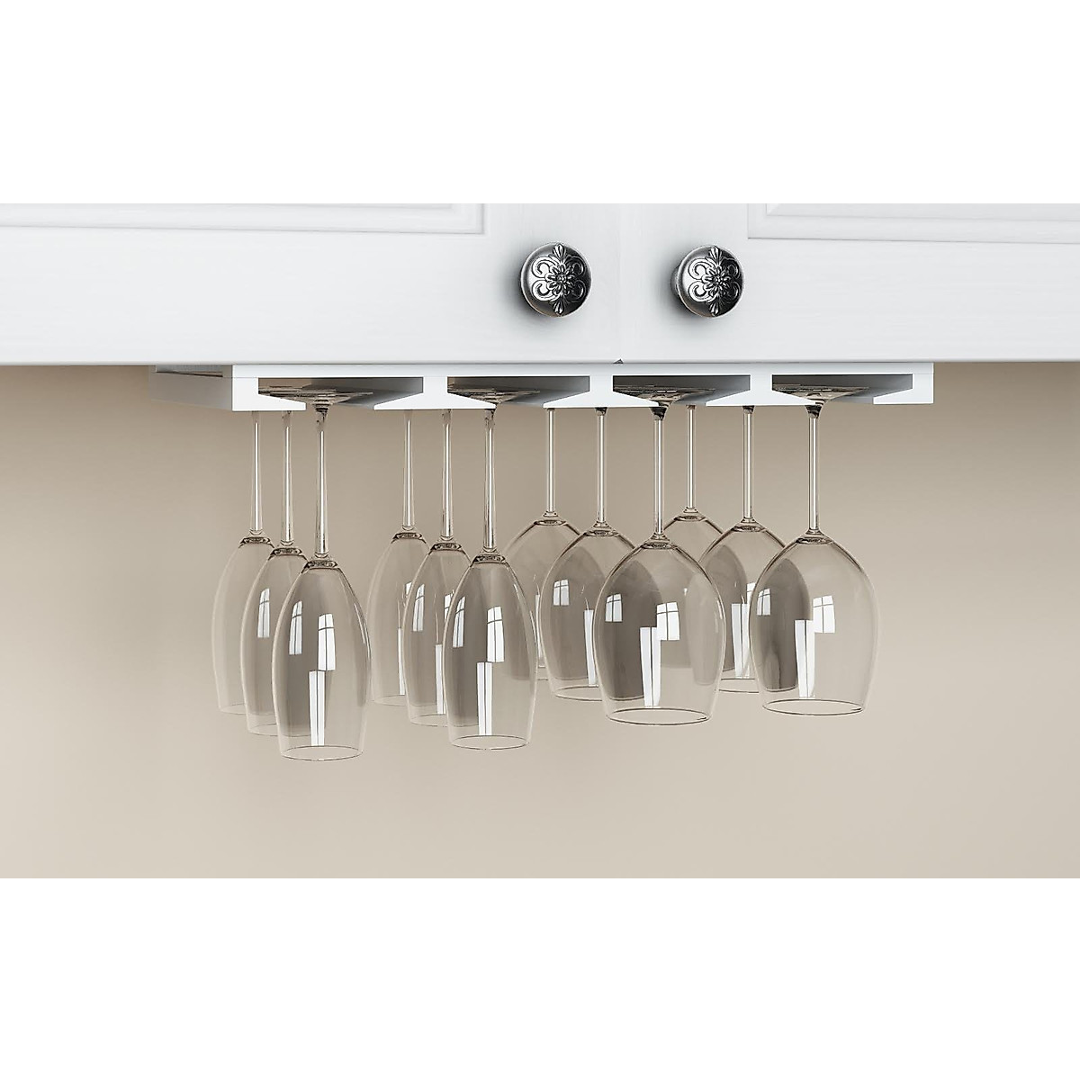 Rustic State Eze 4 Sectional Adjustable Under Cabinet Mount Wood Stemware Rack Hanging Shelf Glassware Holder Bar Organizer with up to 12 Wine Glass Storage 10 Inch Deep White