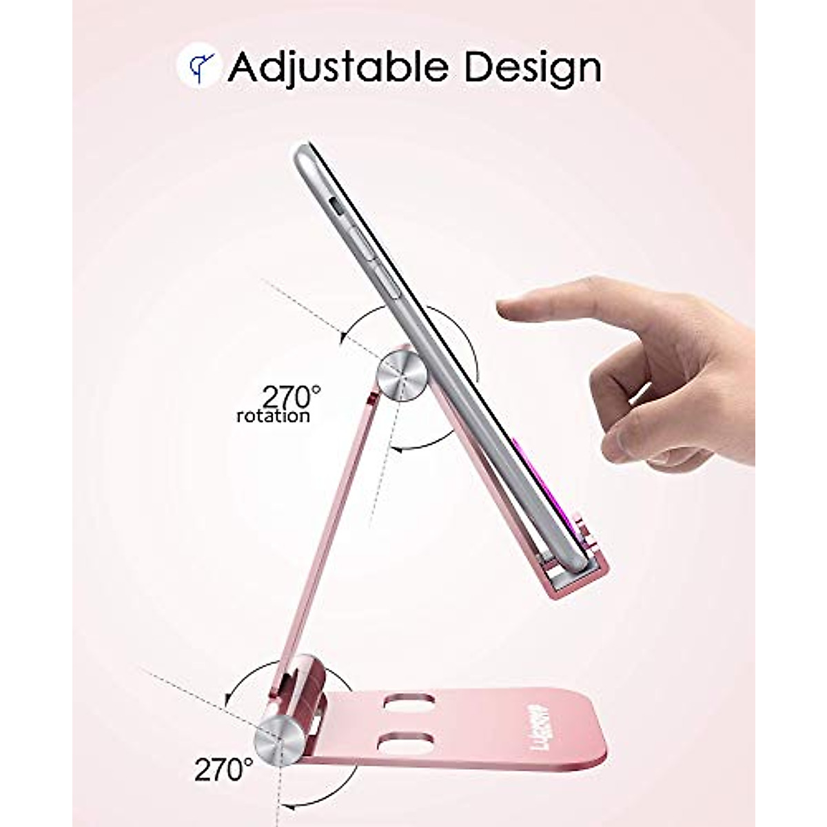 Lucrave Cell Phone Stand, Updated Adjustable Desktop Phone Holder Cradle,Fully Foldable, Compatible with All Phones Android and iPhone 11 Max Xs Xr 8 7 Plus, iPad Mini, Tablets(7-10")-Rose Gold