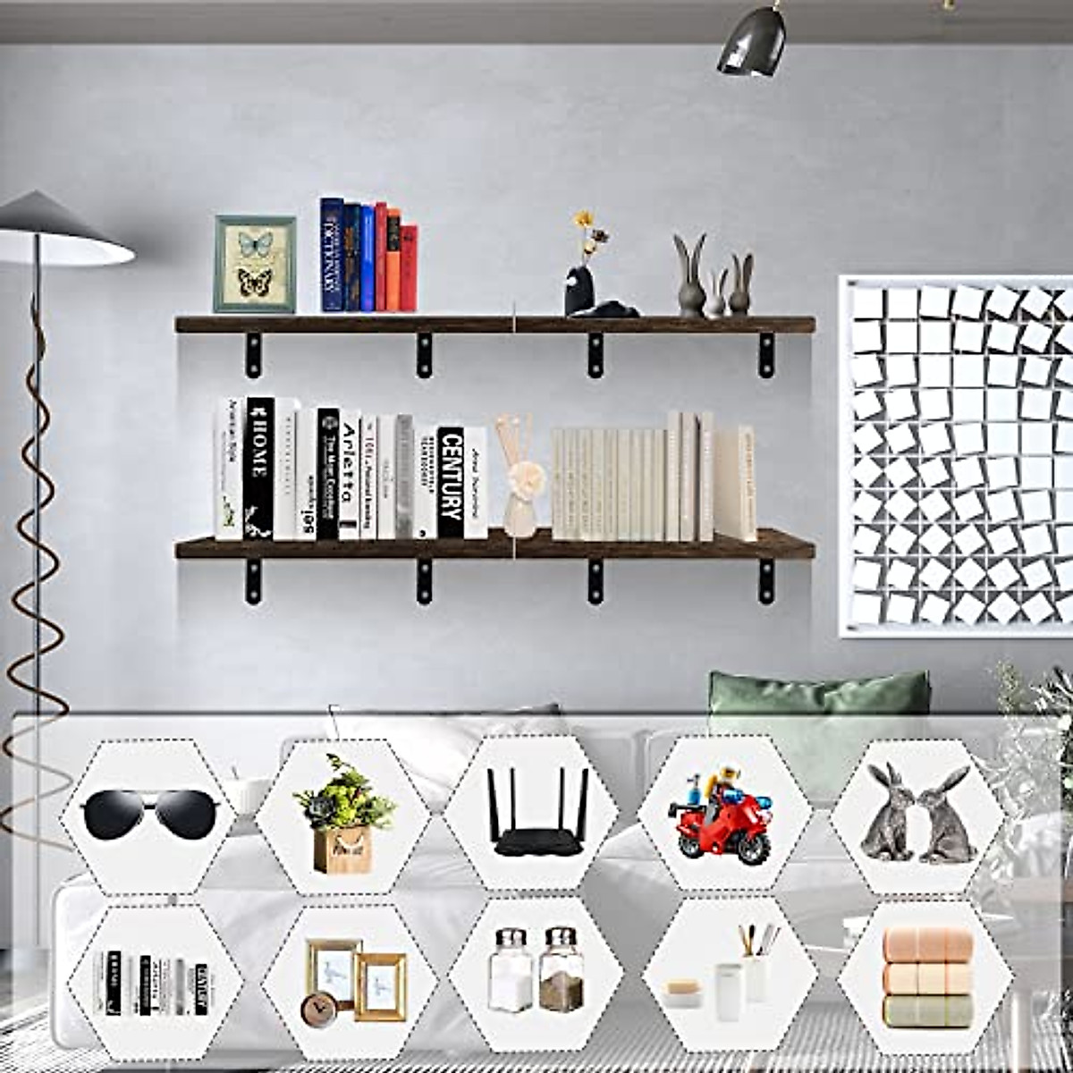 BVOPLME Floating Wood Shelves Wall Mounted Set of 4, Natural Rustic Wood Picture Ledge Plant Shelf Wall Bookshelf Shelfs Storage Shelves Book Shelf for Bathroom Kitchen Bedroom Living Room Decor