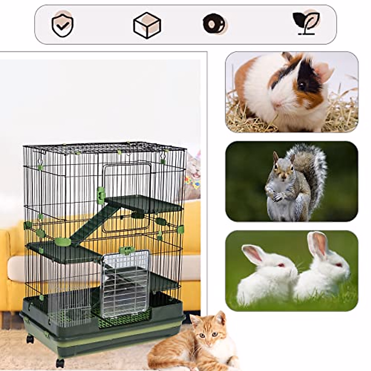 4-Tier Animal Metal Cage Small Cat Cage Height Adjustable Rabbits Cage with Lockable Casters, Pull-Out Tray Fits Rabbits, Chinchillas, Ferrets, Guinea Pigs, Squirrels, Hedgehogs (Green)
