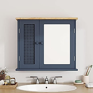 soges Bathroom Wall Cabinet Medicine Cabinet with Mirror, Wall Mounted Bathroom Storage Cabinet with 2 Doors, Wood Hanging Cabinet Storage Organizer for Bathroom, Living Room, Dark Blue